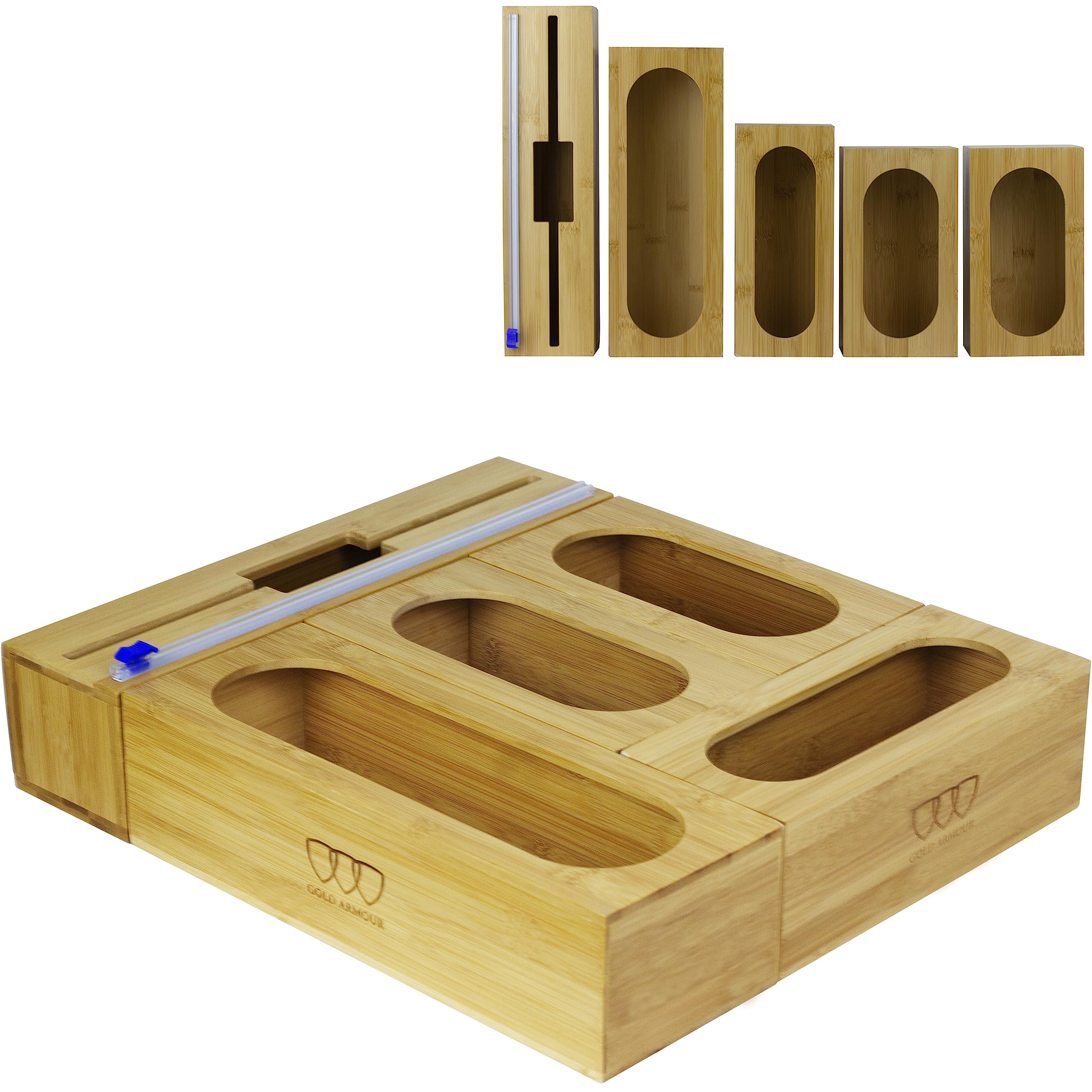 Gold Armour Bamboo Ziplock Bag Storage Organizer for Drawer, Openable Top Lids Food Storage Bag Holders Compatible with Ziploc, Solimo,Hefty,Glad for Gallon,Quart,Sandwich & Snack Variety Size Bags