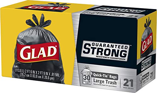 GLAD Strong Quick-Tie Large Trash Bags, 30 Gallon Bags for Large Kitchen Trash Can, 21 Count (Package May Vary)