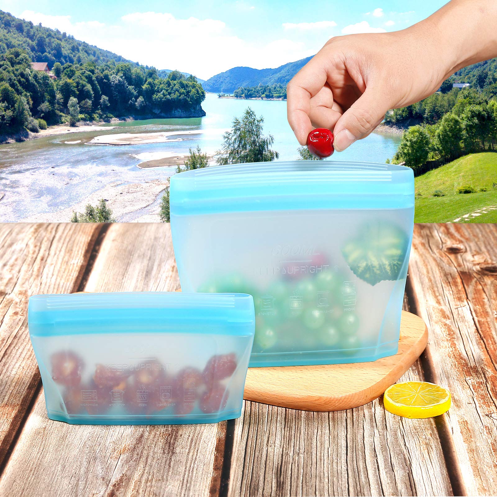 Reusable food container silicone bag, 2 Pcs Zip Sandwich Bags, 100% Platinum Silicone Reusable Snack bag, Stand Up Preservation Bag, Convenient to carry and easy to clean. (2 Bag Set Blue)