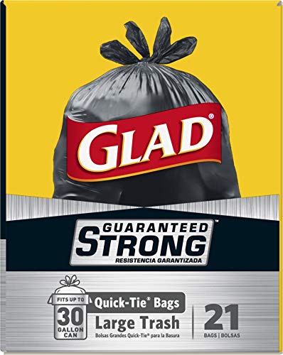 GLAD Strong Quick-Tie Large Trash Bags, 30 Gallon Bags for Large Kitchen Trash Can, 21 Count (Package May Vary)