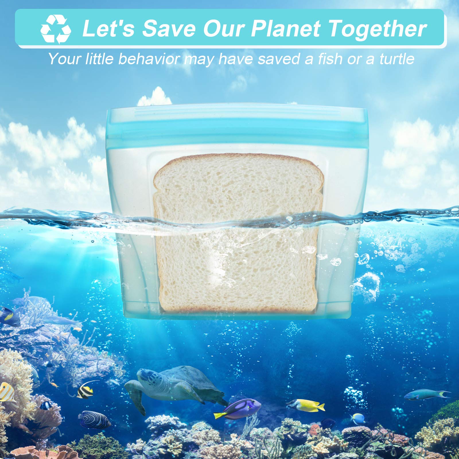 Reusable food container silicone bag, 2 Pcs Zip Sandwich Bags, 100% Platinum Silicone Reusable Snack bag, Stand Up Preservation Bag, Convenient to carry and easy to clean. (2 Bag Set Blue)
