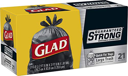 GLAD Strong Quick-Tie Large Trash Bags, 30 Gallon Bags for Large Kitchen Trash Can, 21 Count (Package May Vary)