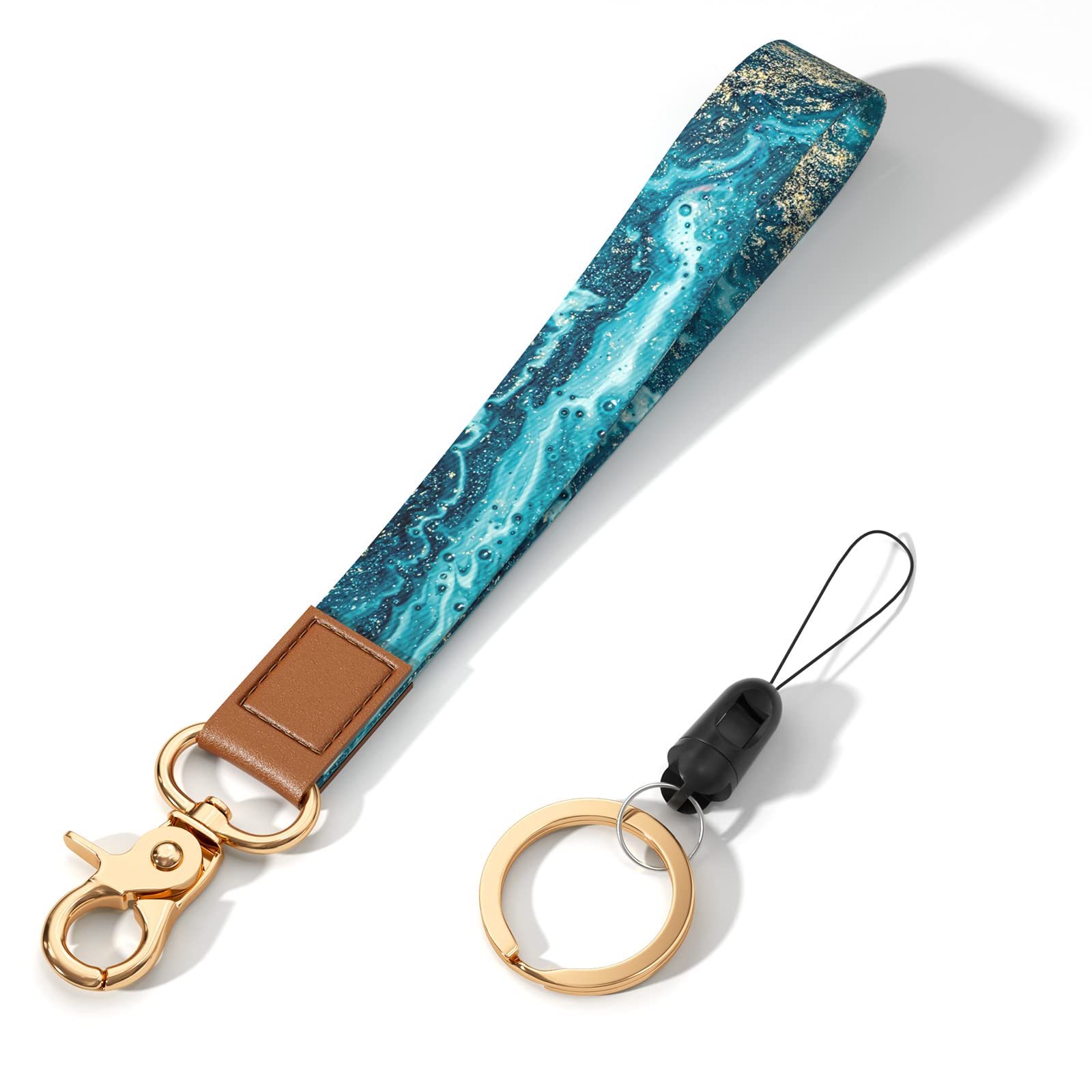 Hsxnam Wrist Lanyard Key Chain, Cute Wristlet Strap Keychain Holder for Women Men Keys Airpods ID Badges Phone, Teal Marble