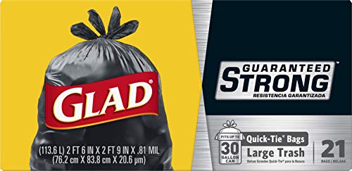 GLAD Strong Quick-Tie Large Trash Bags, 30 Gallon Bags for Large Kitchen Trash Can, 21 Count (Package May Vary)