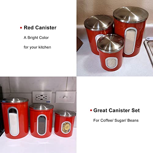 Fortune Candy Stainless Steel Canister Sets with Anti-Fingerprint Lid and Visible Window, Cereal Container Set of 3 (Raspberry Red)