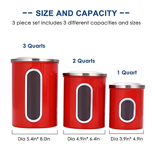Fortune Candy Stainless Steel Canister Sets with Anti-Fingerprint Lid and Visible Window, Cereal Container Set of 3 (Raspberry Red)