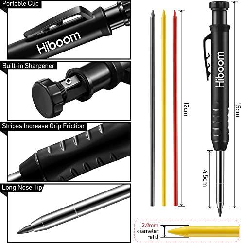 Hiboom Carpenter Pencil Set, 6 Pieces Long Nosed Deep Hole Tip Mechanical Hole Marker with Built in Sharpener and 36 Pcs 2.8 mm Refills for Woodworking Drafting Architect Construction