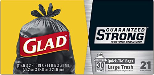 GLAD Strong Quick-Tie Large Trash Bags, 30 Gallon Bags for Large Kitchen Trash Can, 21 Count (Package May Vary)