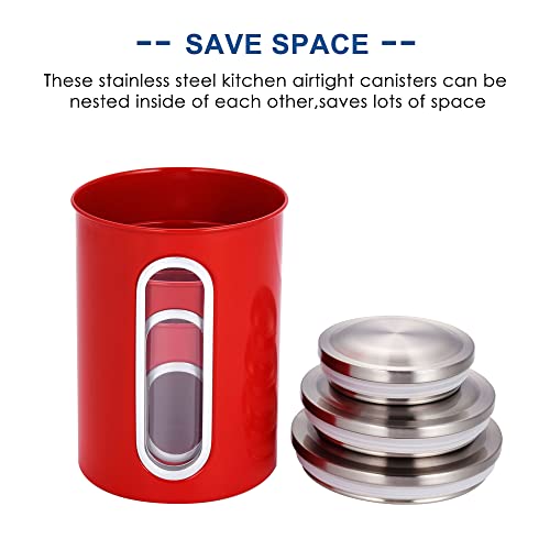 Fortune Candy Stainless Steel Canister Sets with Anti-Fingerprint Lid and Visible Window, Cereal Container Set of 3 (Raspberry Red)