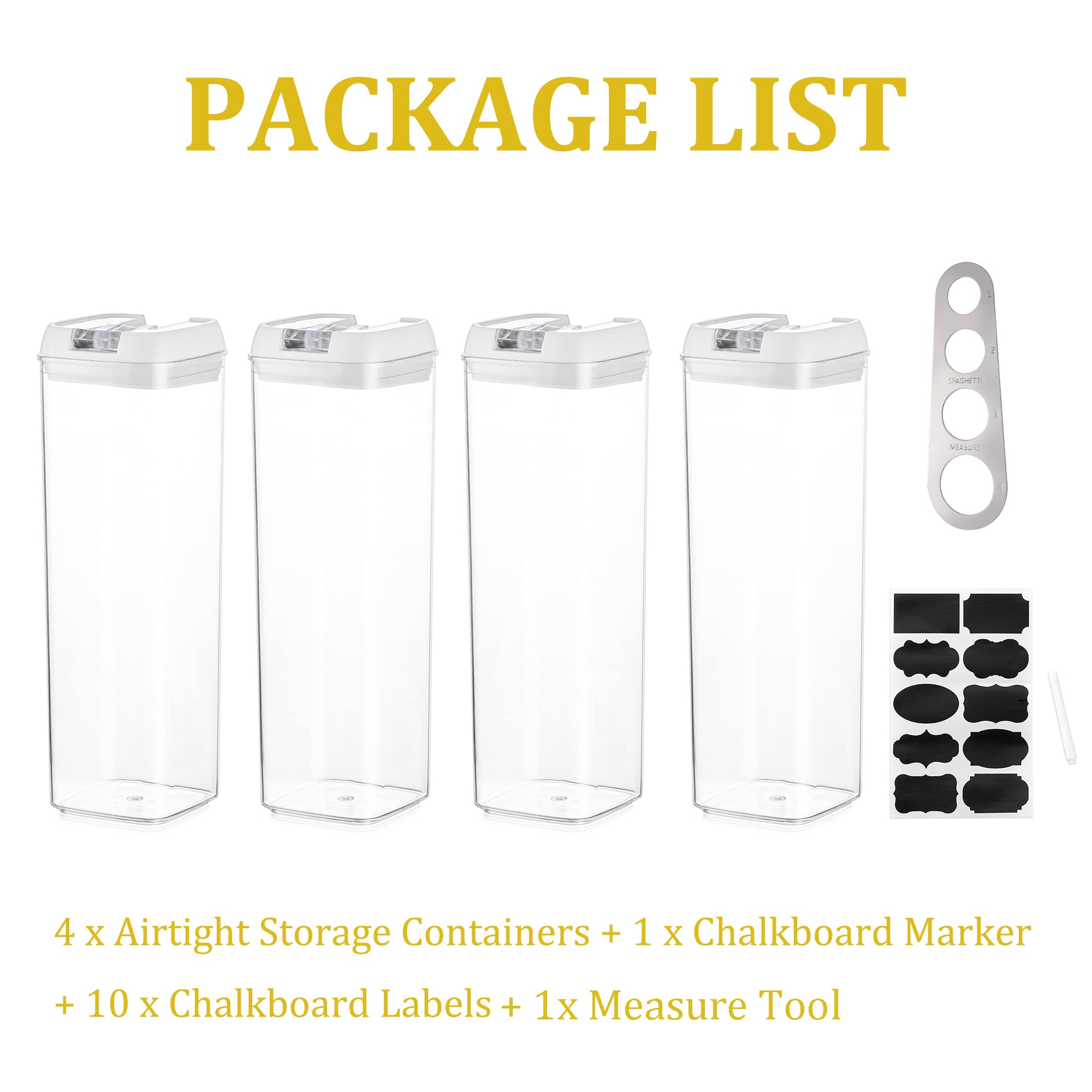 Hanobe Pasta Storage Containers for Pantry: Large Spaghetti Noodle Canister 4 Pcs White Kitchen Cabinet Organization with Easy Lock Lids Plastic BPA Free with Labels Marker