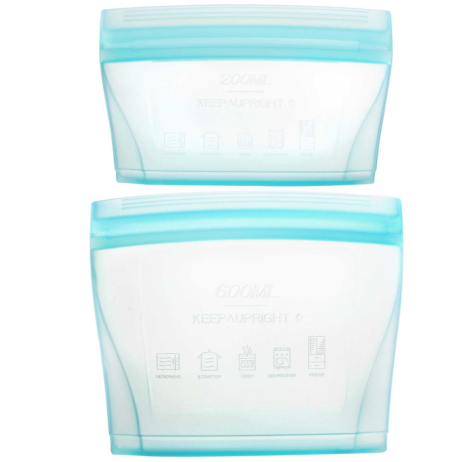 Reusable food container silicone bag, 2 Pcs Zip Sandwich Bags, 100% Platinum Silicone Reusable Snack bag, Stand Up Preservation Bag, Convenient to carry and easy to clean. (2 Bag Set Blue)