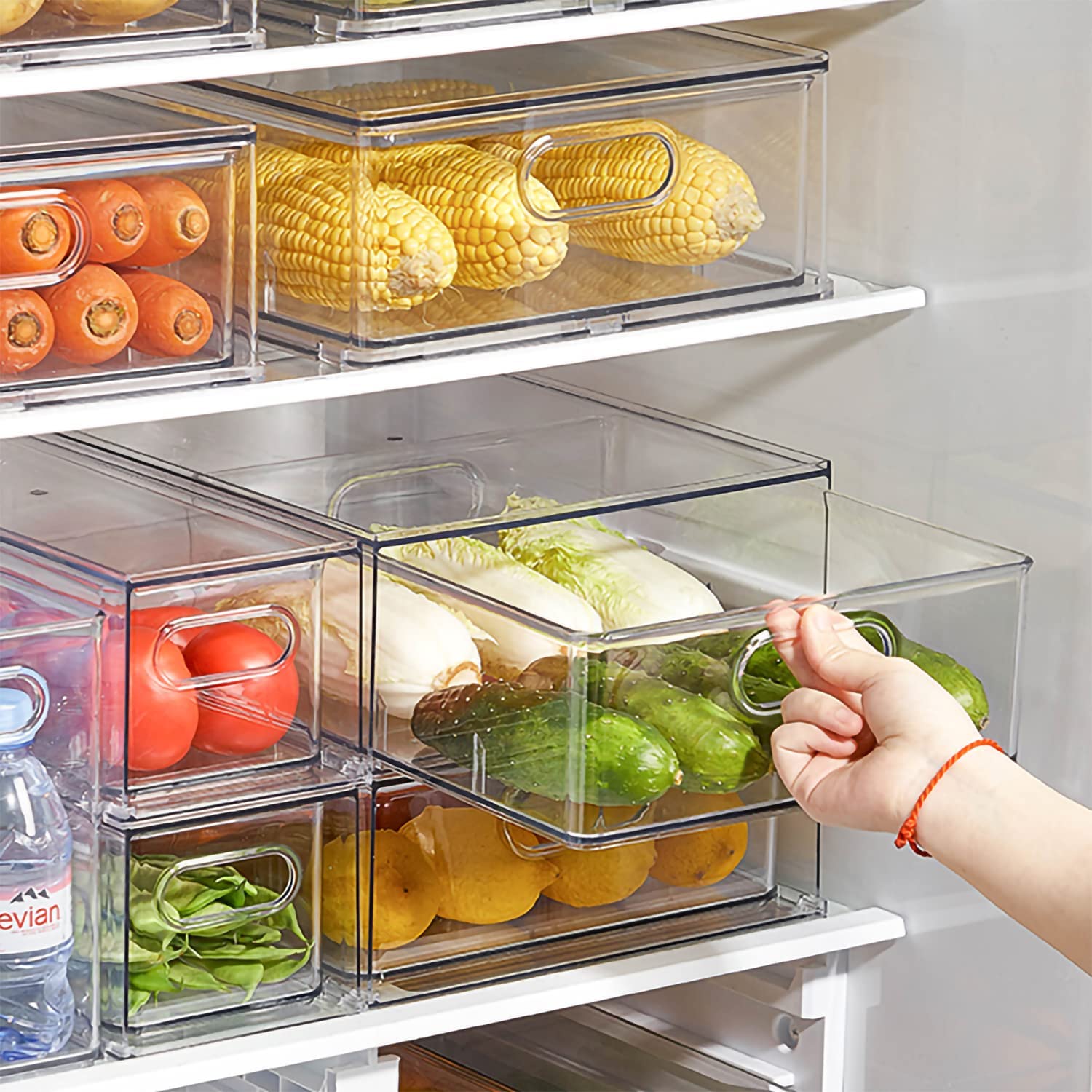 MANO 2Pack Clear Fridge Drawers Pull Out Stackable Refrigerator Drawer Organizer Bins Pantry Storage Box Plastic Food Containers for Kitchen Bathroom Office Closet (X-Large)