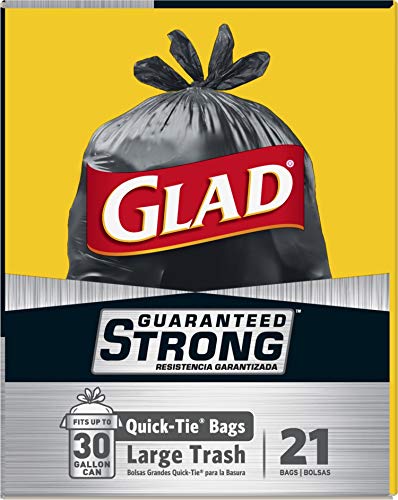GLAD Strong Quick-Tie Large Trash Bags, 30 Gallon Bags for Large Kitchen Trash Can, 21 Count (Package May Vary)