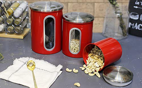 Fortune Candy Stainless Steel Canister Sets with Anti-Fingerprint Lid and Visible Window, Cereal Container Set of 3 (Raspberry Red)
