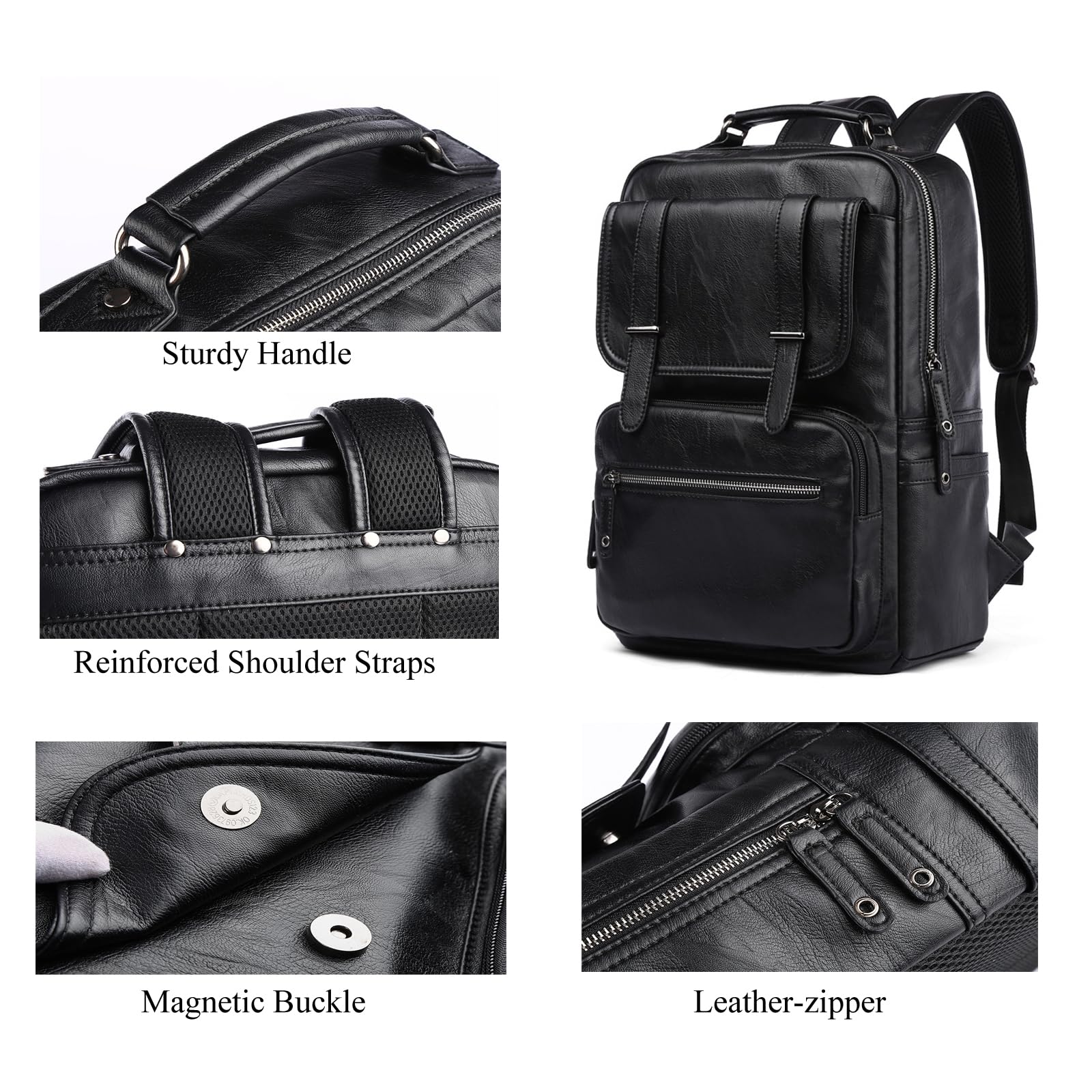 CHAO RAN Leather Travel Laptop Backpack For Men Fit 15.6 Inch Notebook Black Water Resistant Carry On Backpack Vintage Large College School Bag