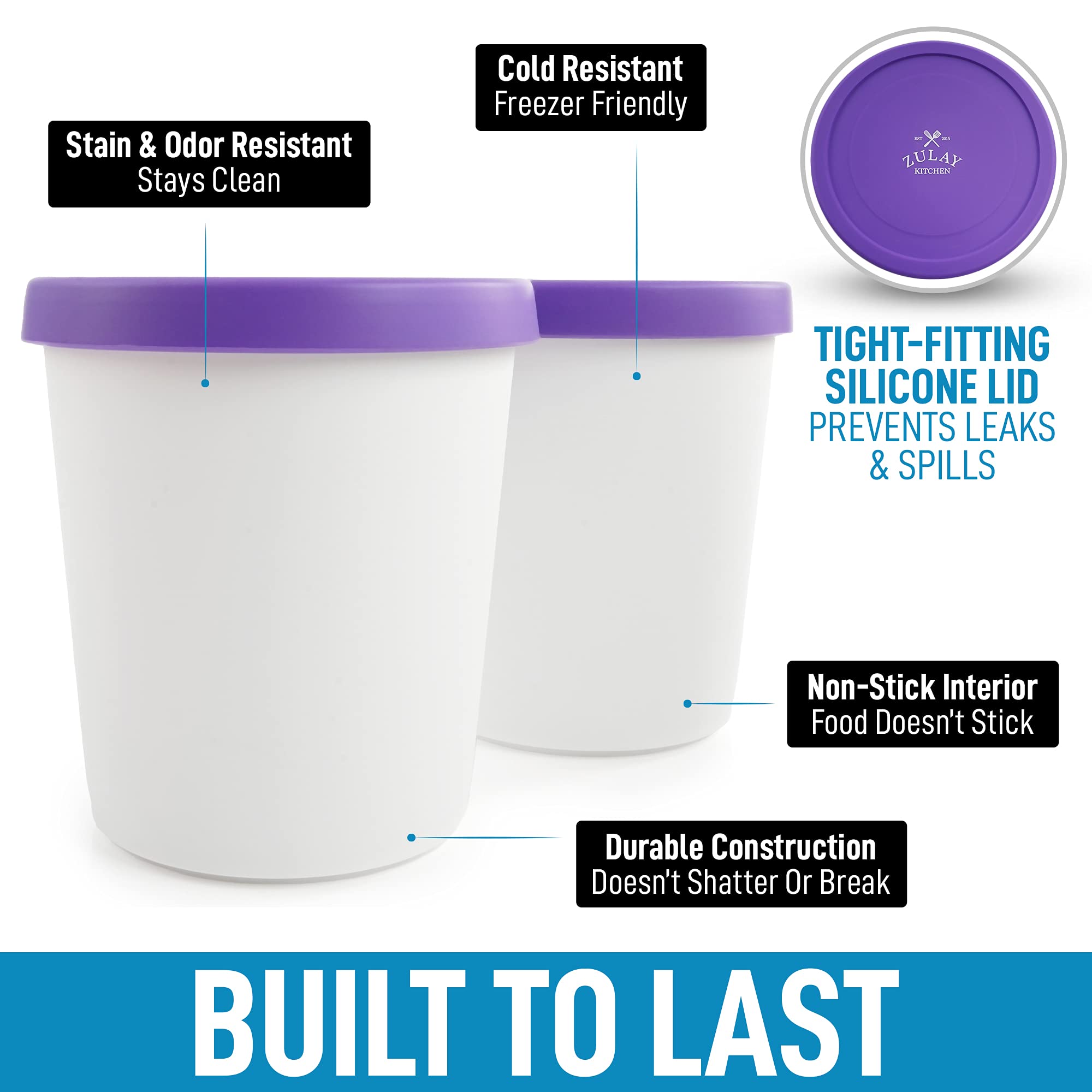 Zulay [2 Pack - 1 Quart Each] Large Ice Cream Containers For Homemade Ice Cream - Reusable Ice Cream Container Set with Lids - Ice Cream Pint Containers For Sorbet, Gelato, Frozen Yogurt (Purple)