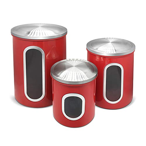 Fortune Candy Stainless Steel Canister Sets with Anti-Fingerprint Lid and Visible Window, Cereal Container Set of 3 (Raspberry Red)