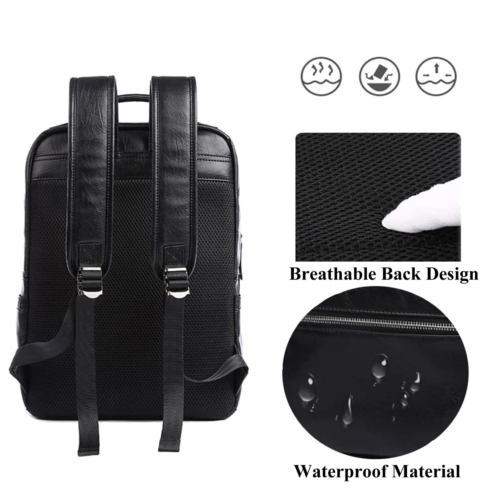 CHAO RAN Leather Travel Laptop Backpack For Men Fit 15.6 Inch Notebook Black Water Resistant Carry On Backpack Vintage Large College School Bag