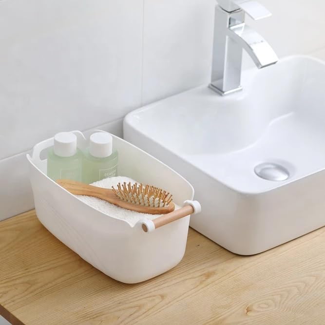 Storage Bins with Wood Handle, Sleek Design - White Matte Plastic Organizer Bucket Container for Pantry Shelf, Kitchen, Closet, Bathroom, Durable, Easy to Clean (WHITE, MEDIUM) (MEDIUM)