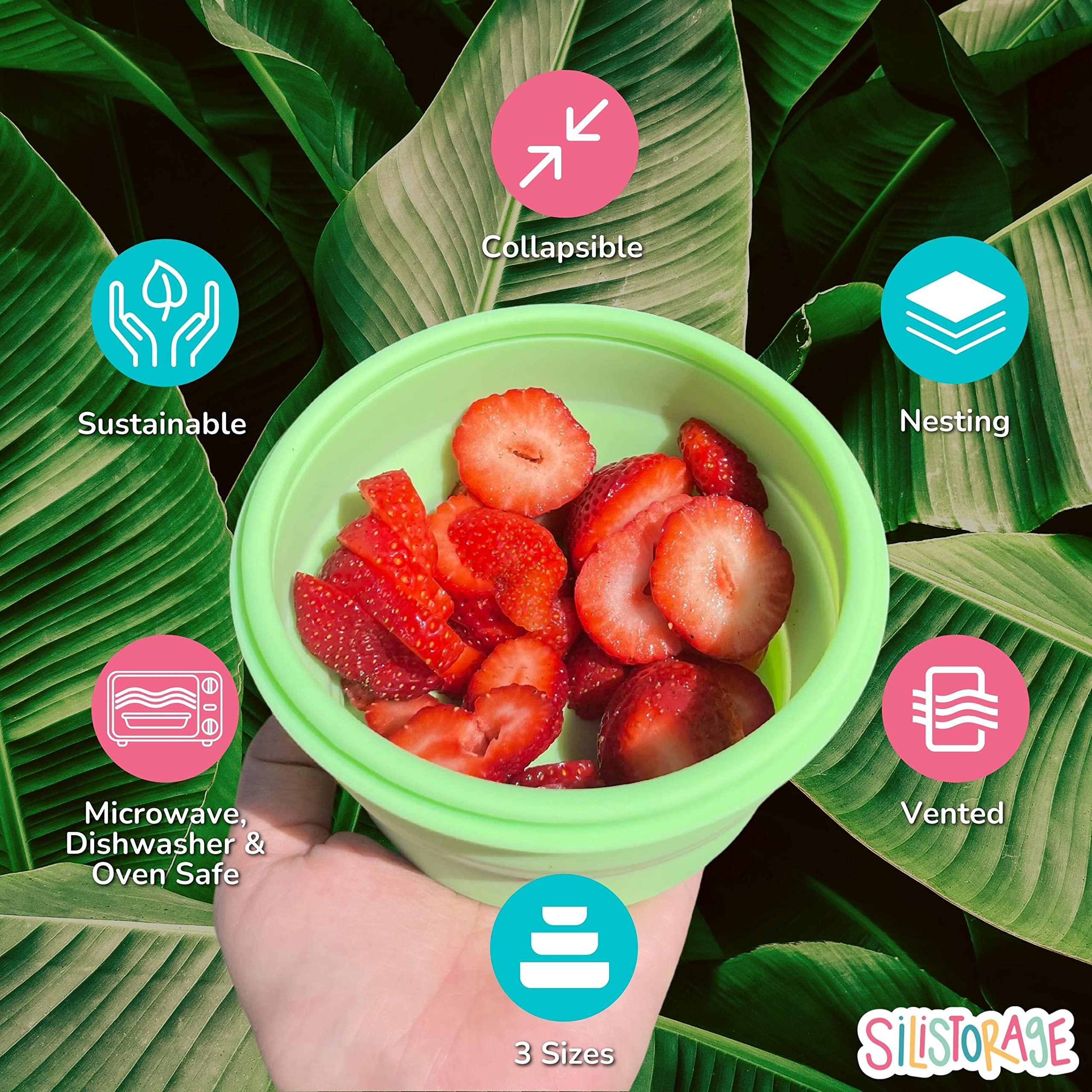 SiliStorage Set of Three Rectangular Collapsible Food Storage Containers with Airtight Flexible Lids - BPA Free, Compact, Oven, Microwave and Freezer Safe (Round Set)