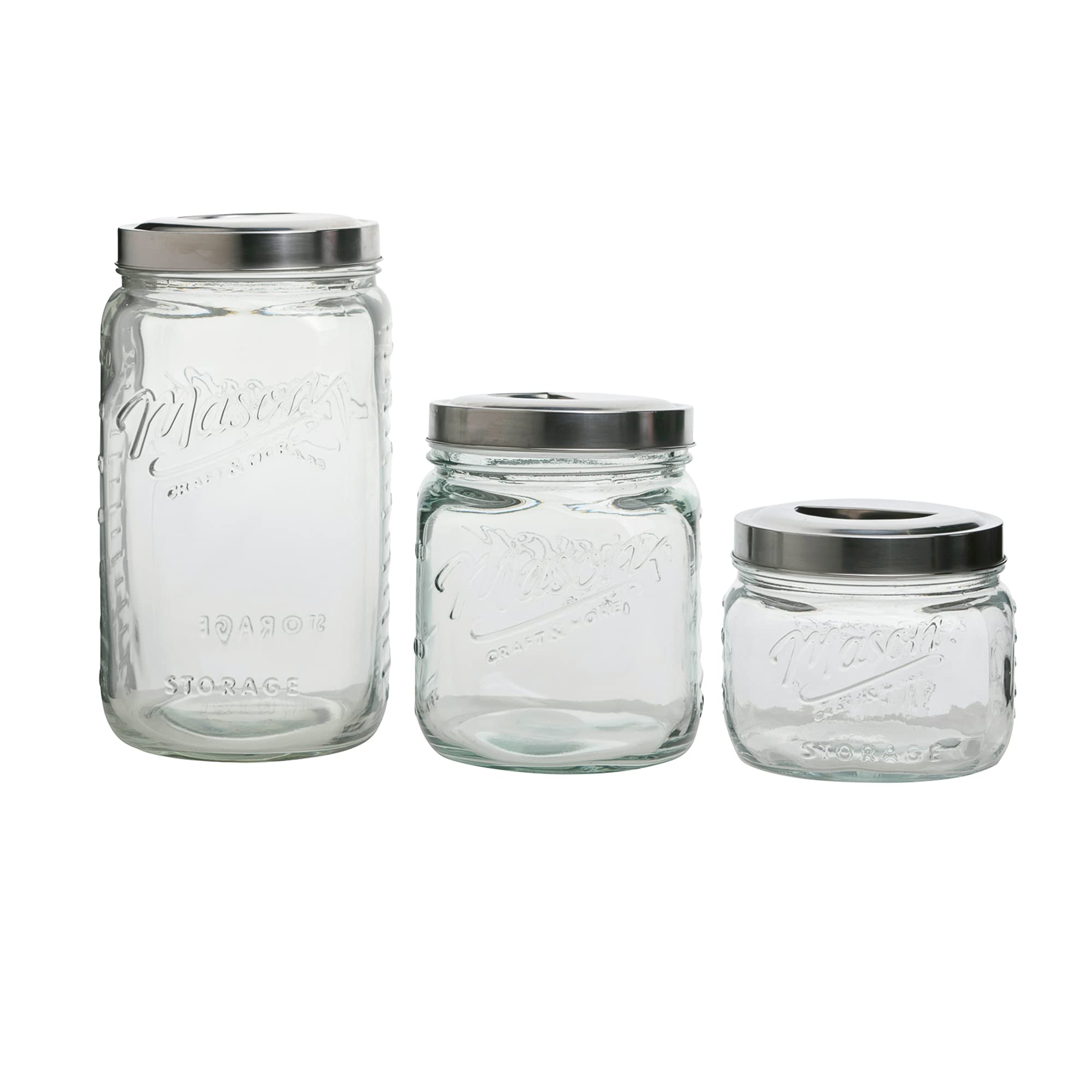 Mason Craft & More Airtight Kitchen Food Storage Clear Glass Pop Up Lid Canister, 3 Piece Pop Up Graduated Canister Set (1.6L, 2.75L, and 4.6L)