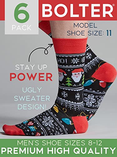 Bolter 6 Pack Men's Christmas Socks Crew Height Dress Socks (Medium, Xmas Party)