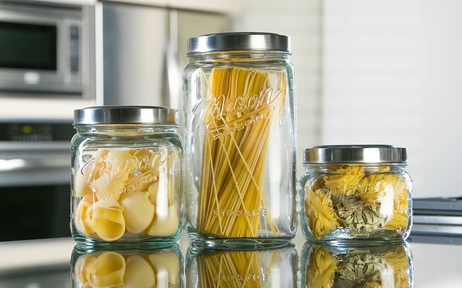 Mason Craft & More Airtight Kitchen Food Storage Clear Glass Pop Up Lid Canister, 3 Piece Pop Up Graduated Canister Set (1.6L, 2.75L, and 4.6L)