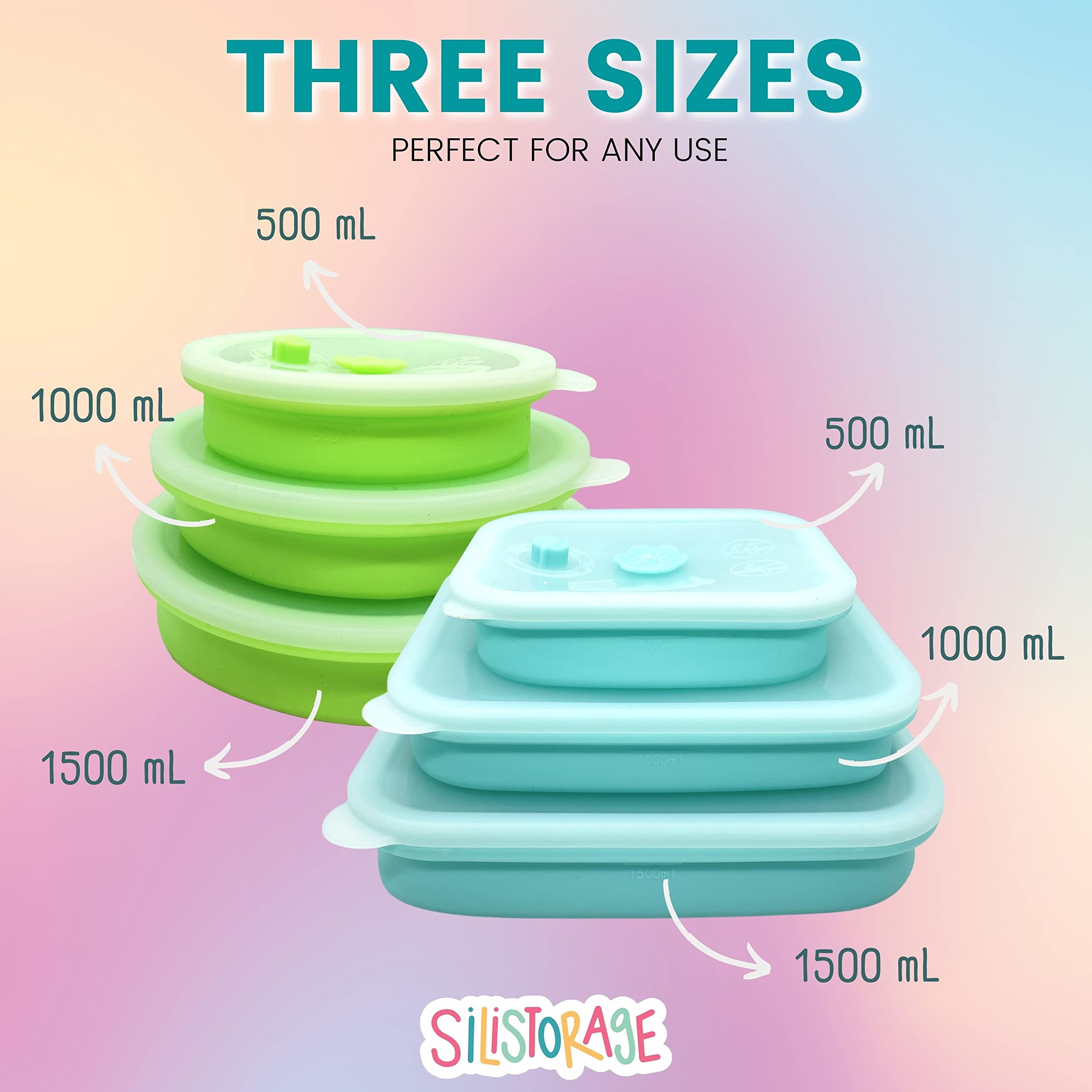 SiliStorage Set of Three Rectangular Collapsible Food Storage Containers with Airtight Flexible Lids - BPA Free, Compact, Oven, Microwave and Freezer Safe (Round Set)