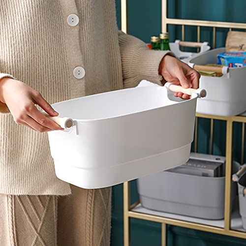 Storage Bins with Wood Handle, Sleek Design - White Matte Plastic Organizer Bucket Container for Pantry Shelf, Kitchen, Closet, Bathroom, Durable, Easy to Clean (WHITE, MEDIUM) (MEDIUM)