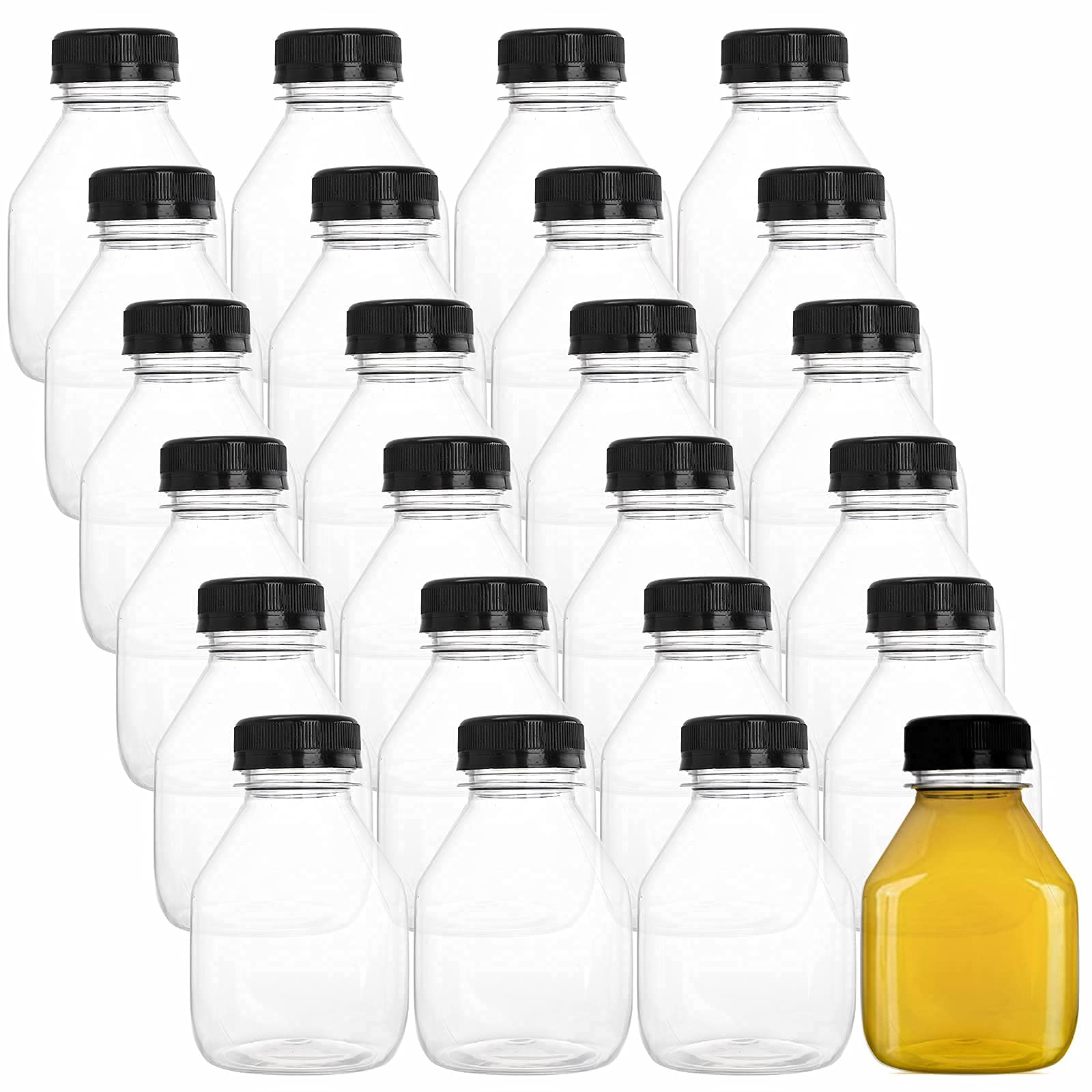DEAYOU 24 Pack Plastic Juice Bottles, 8 OZ Empty Clear Beverage Bottles with Caps, Small Reusable Drink Container with Black Tamper Evident Lid for Take Out, Milk, Smoothie, Juicing, Cold Drinks