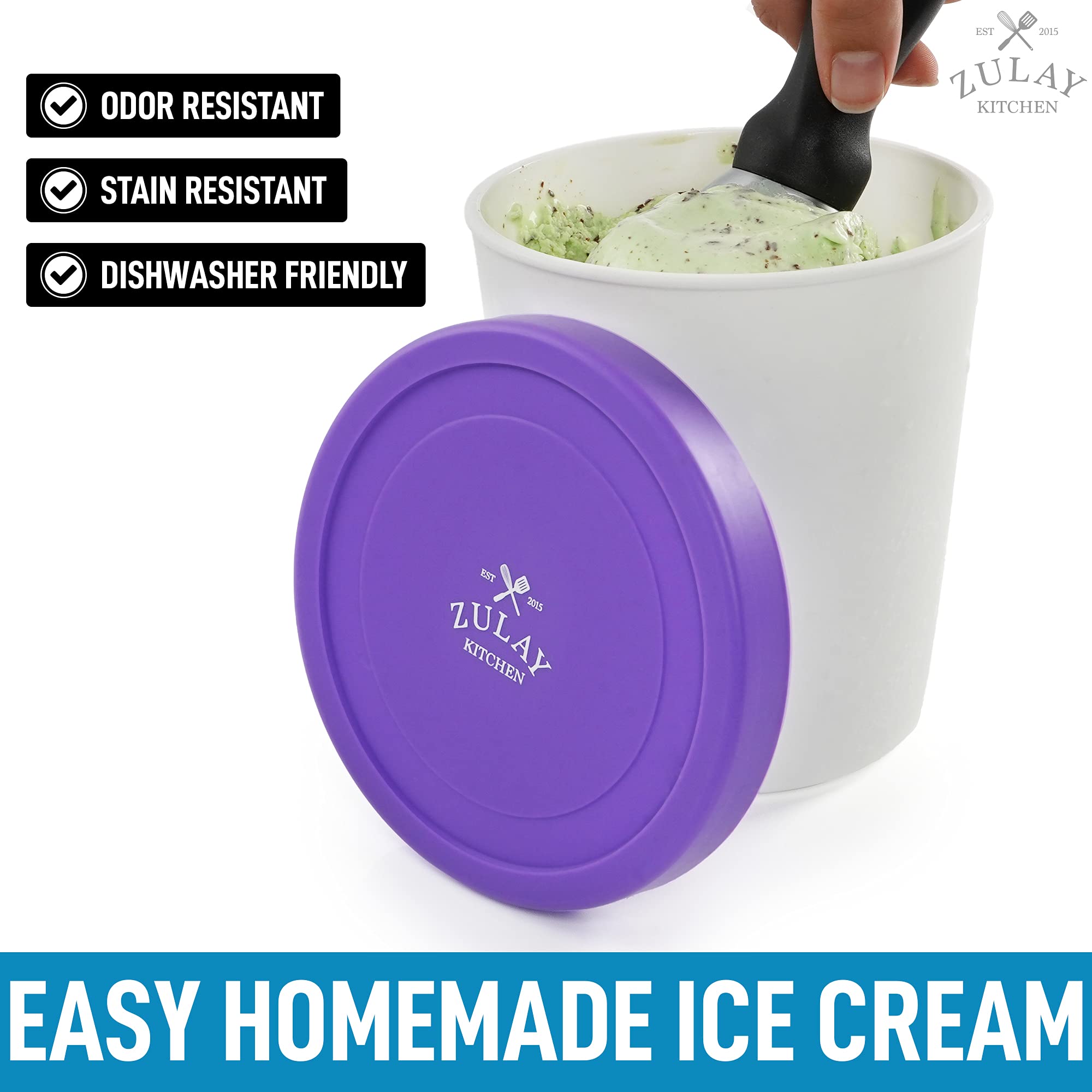 Zulay [2 Pack - 1 Quart Each] Large Ice Cream Containers For Homemade Ice Cream - Reusable Ice Cream Container Set with Lids - Ice Cream Pint Containers For Sorbet, Gelato, Frozen Yogurt (Purple)