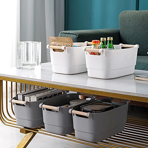 Storage Bins with Wood Handle, Sleek Design - White Matte Plastic Organizer Bucket Container for Pantry Shelf, Kitchen, Closet, Bathroom, Durable, Easy to Clean (WHITE, MEDIUM) (MEDIUM)