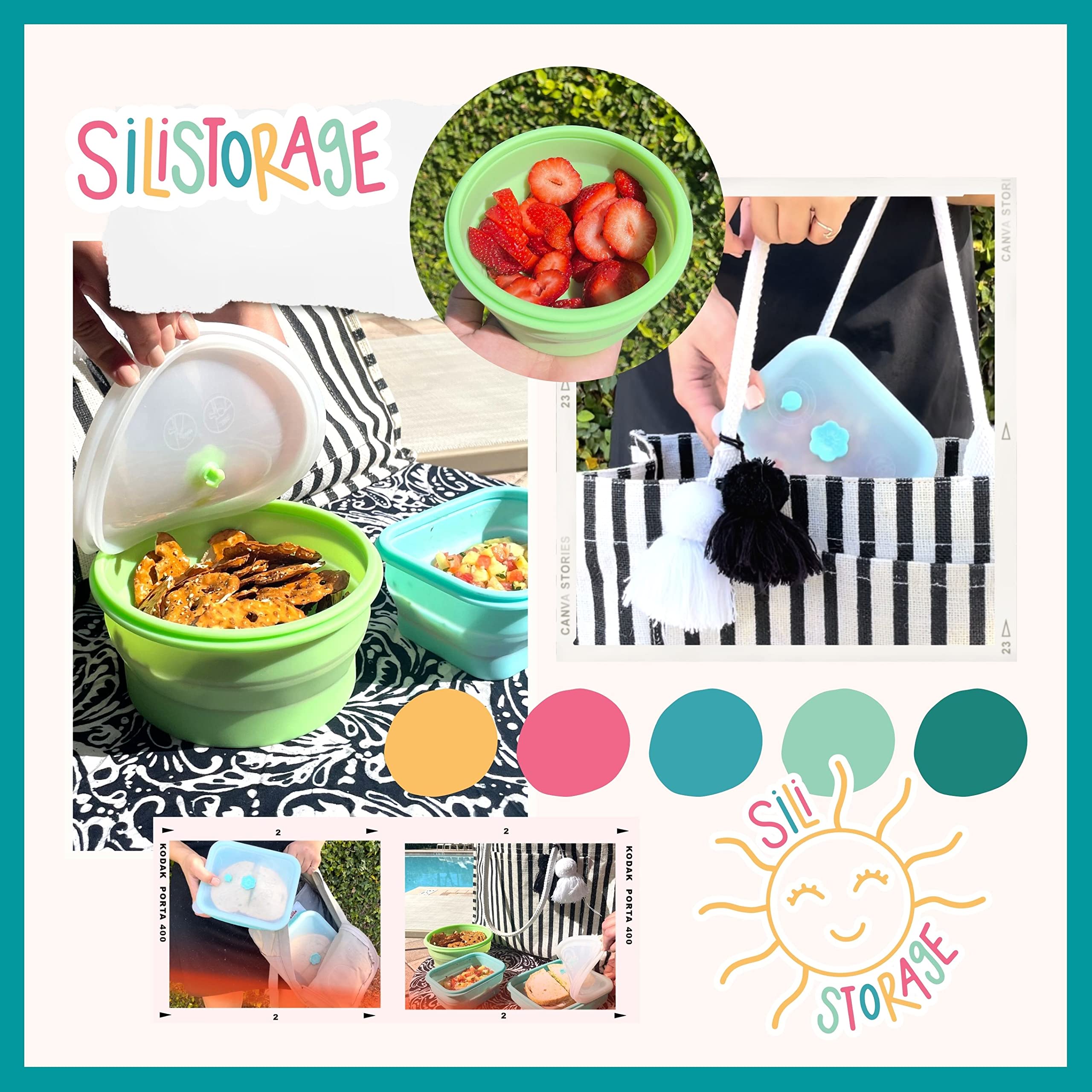 SiliStorage Set of Three Rectangular Collapsible Food Storage Containers with Airtight Flexible Lids - BPA Free, Compact, Oven, Microwave and Freezer Safe (Round Set)