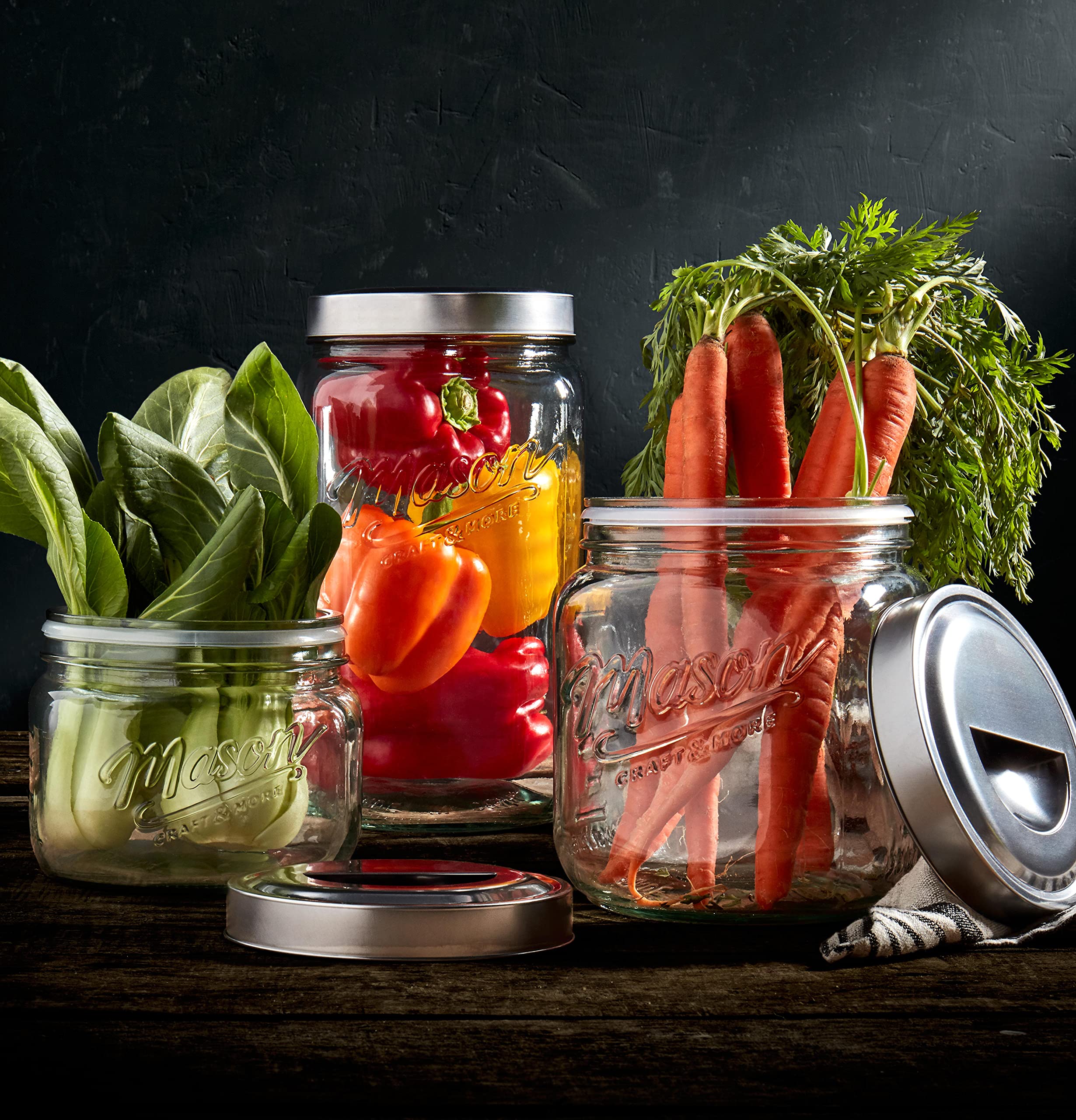Mason Craft & More Airtight Kitchen Food Storage Clear Glass Pop Up Lid Canister, 3 Piece Pop Up Graduated Canister Set (1.6L, 2.75L, and 4.6L)