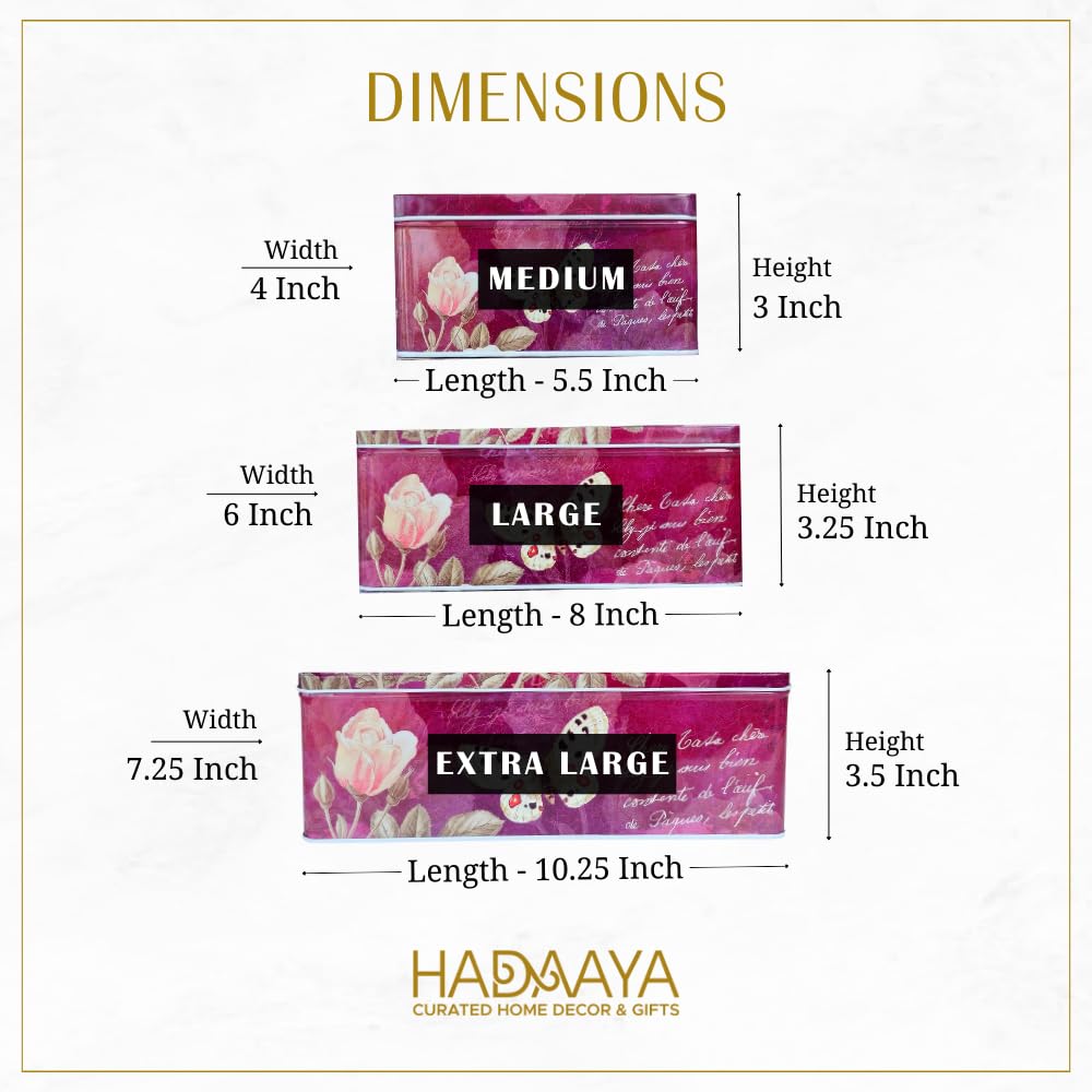 hadaaya Pack of 3 Rectangle Cookie Tins With Lids Multipurpose Tin Container for Cookies,Candies, Kitchen Storage, Stationery - BURGUNDY FLORAL BUTTERFLY