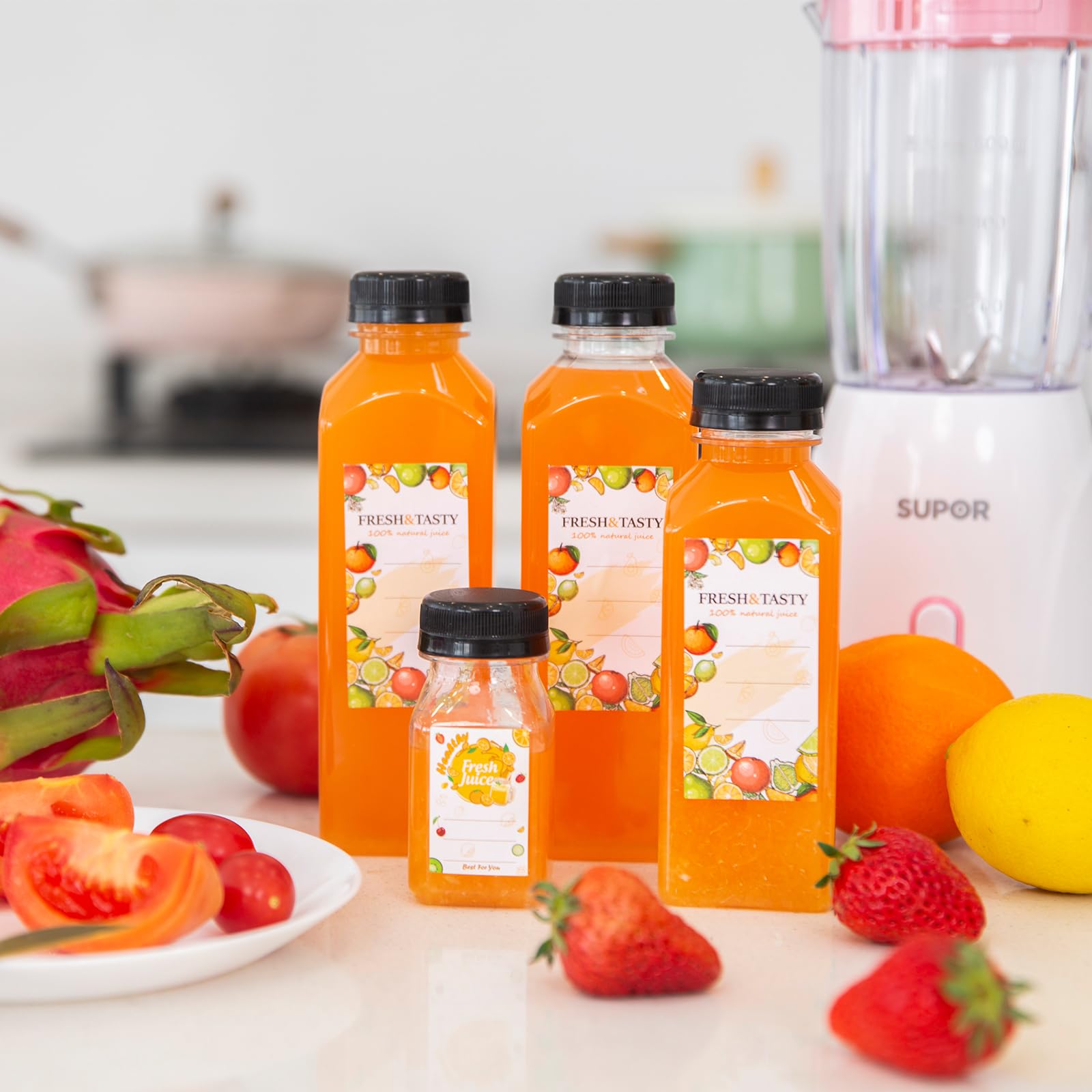 TOMNK 105pcs 4oz Shot Bottles with Caps, Reusable Mini Juice Bottles with Lids, Labels, Funnel and Brush Beverage Containers for Juicing, Milk and Beverages