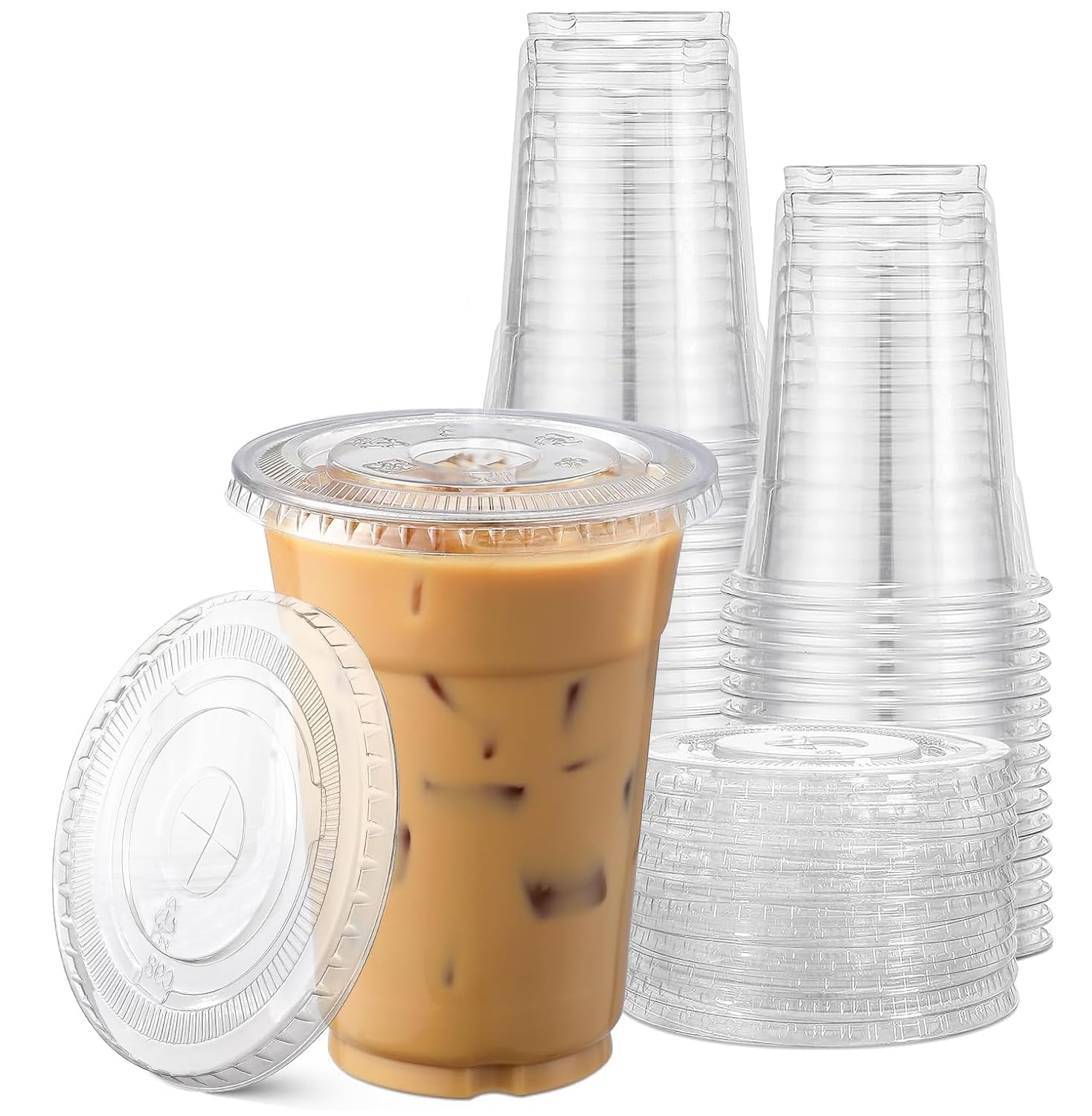 TashiBox Plastic Cups with Flat Lids 100 Sets 16 oz , Clear Crystal drink cups with lids
