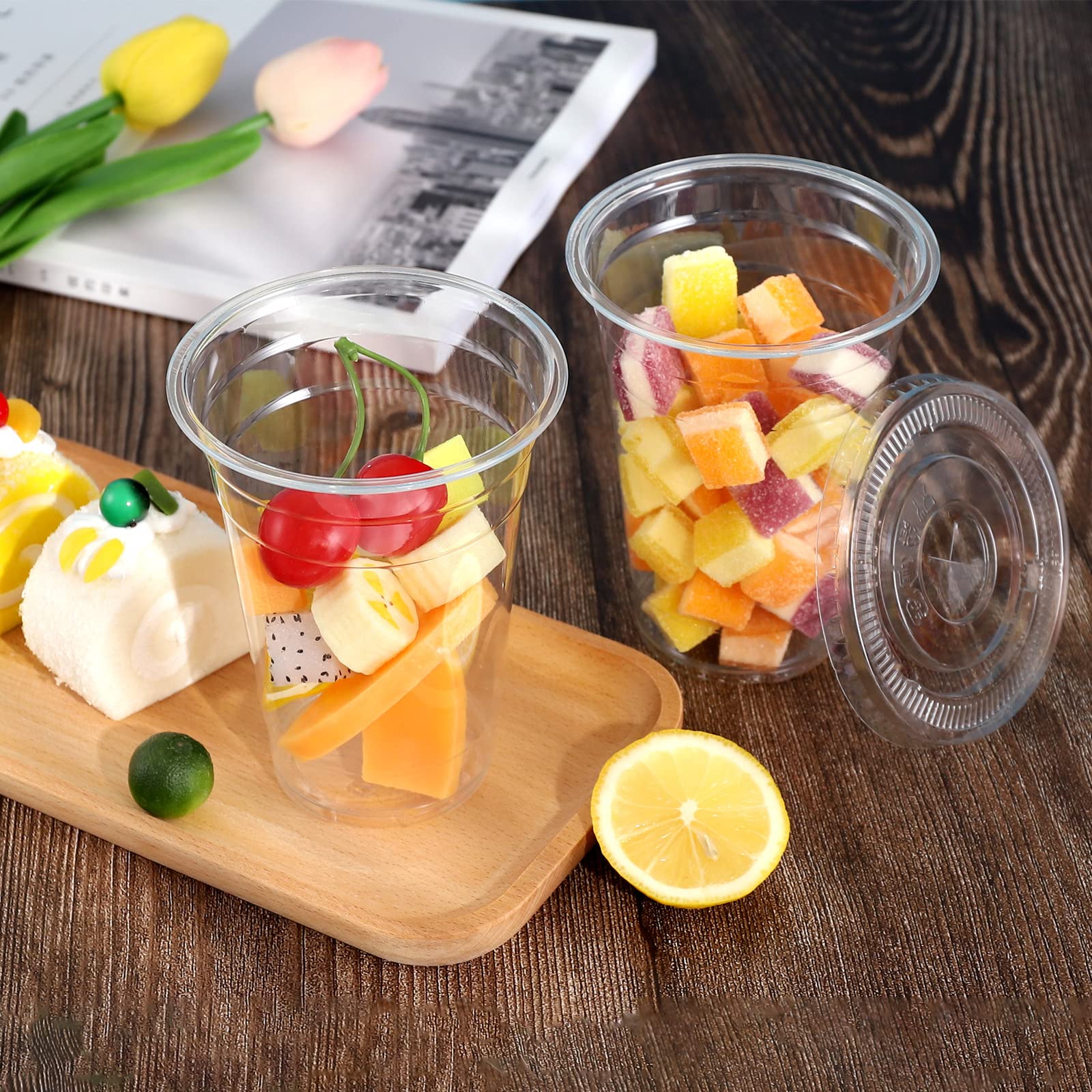 TashiBox Plastic Cups with Flat Lids 100 Sets 16 oz , Clear Crystal drink cups with lids