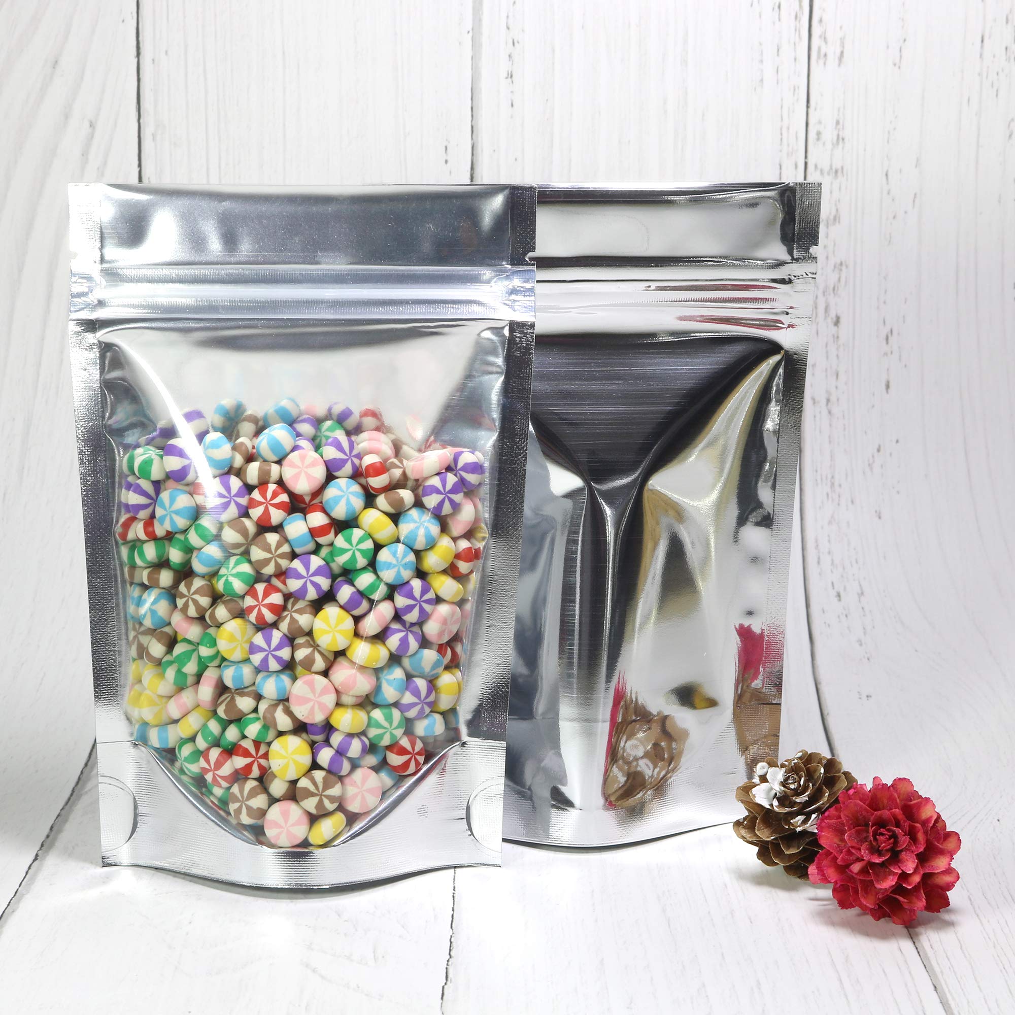 QQ Studio 100 Bags Food Safe QuickQlick™ Stand Up Bag with Single Sided Window and Heat Seal (4" x 6", Clear/Silver/Silver)