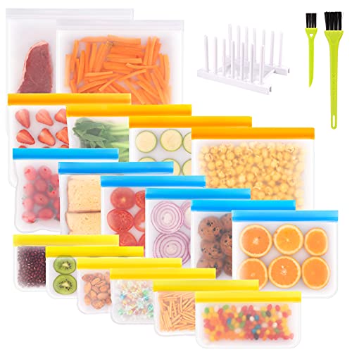 Reusable Storage Bags -21 Piece Set, 2 Reusable Gallon Bags & 4 Reusable Freezer Bags & 6 Reusable Sandwich Bags & 6 Reusable Snack Bags, BPA free LEAKPROOF Thickend Reusable Food Storage Bags