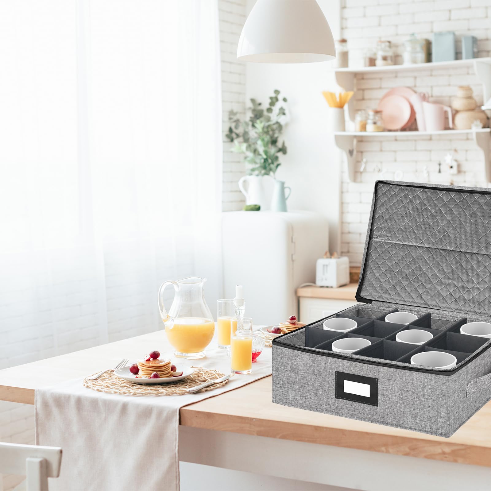 homyfort China Storage Containers - Stemware Storage Box,Cups, Tea Mugs Sets Storage Box with Lid and Handles Hard Shell and Stackable(Grey)