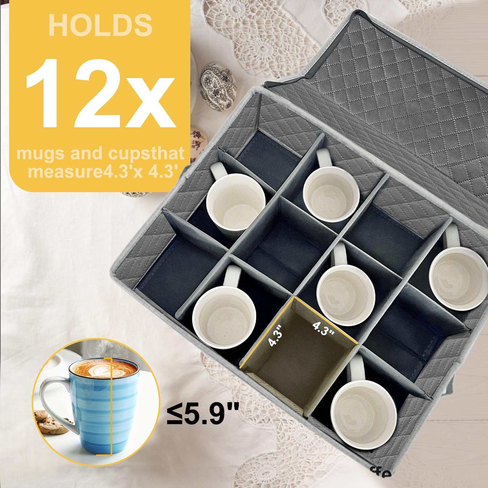homyfort China Storage Containers - Stemware Storage Box,Cups, Tea Mugs Sets Storage Box with Lid and Handles Hard Shell and Stackable(Grey)