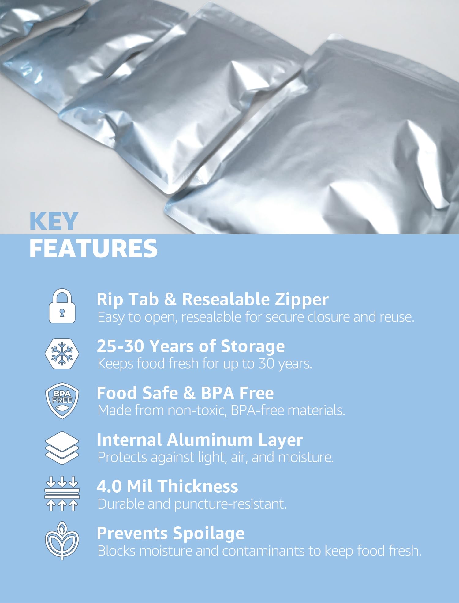 Mylar Bags for Food Storage 50pcs 6x9 with Resealable Zipper and Aluminum Foil Pouch