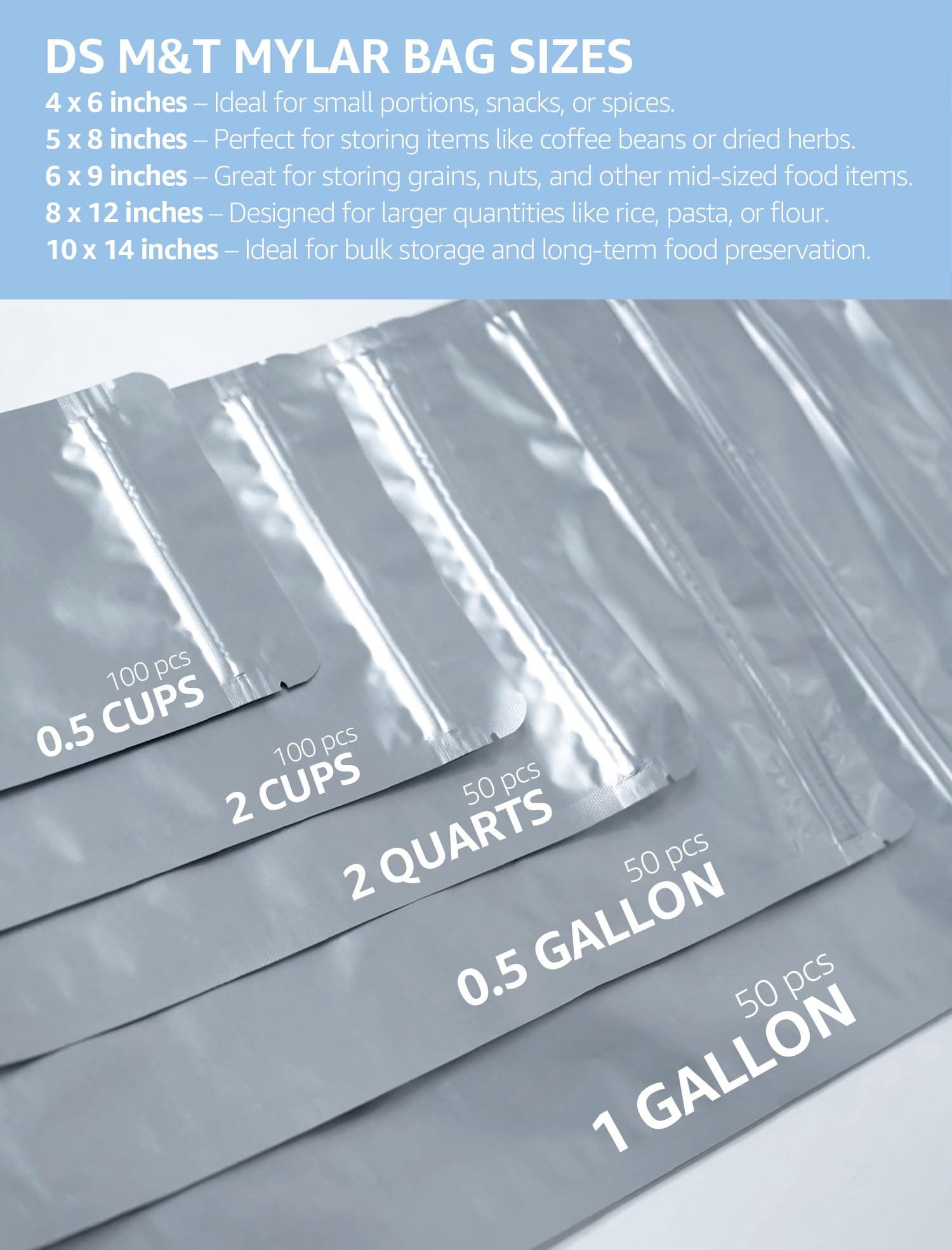 Mylar Bags for Food Storage 50pcs 6x9 with Resealable Zipper and Aluminum Foil Pouch