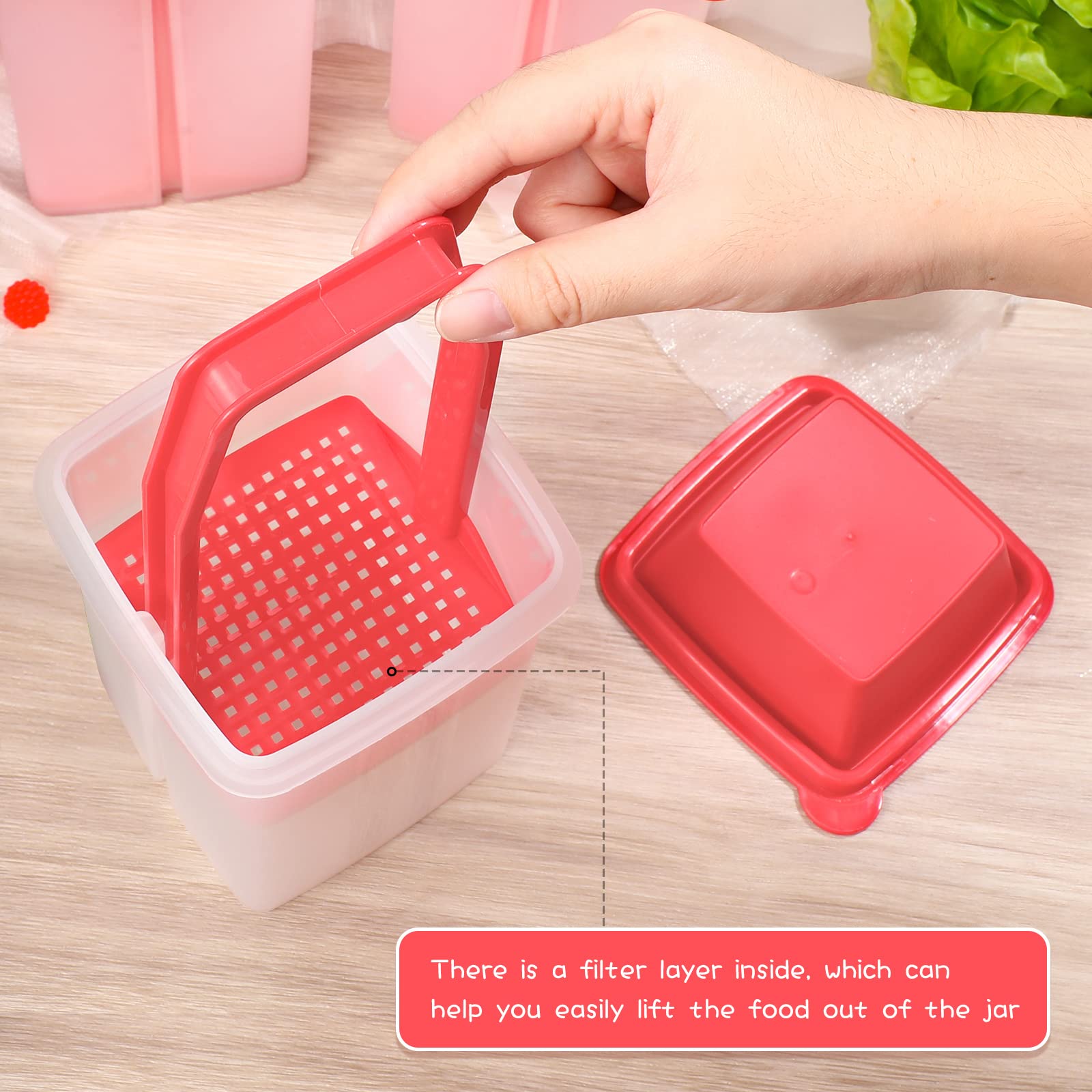 CHENGU 6 Pack Pickle Container with Strainer Jalapeno Storage Container Plastic Pickle Jar Containers Large Pickle Keeper Pickled Food Container for Home Kitchen Supplies (Red, Green, Blue)