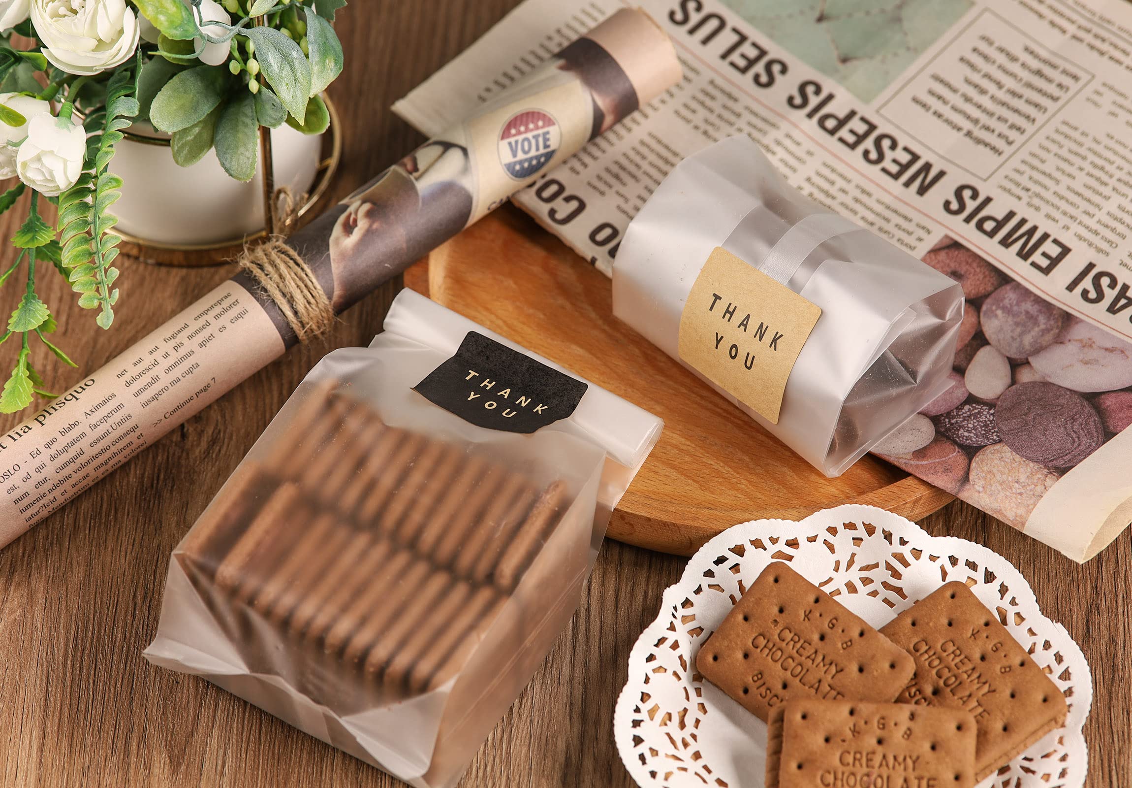 LOKQING 100 PCS Resealable Mylar Bags 4.9x7.9 Inches and 100 Pcs Translucent Plastic Cookie Bags with Stickers