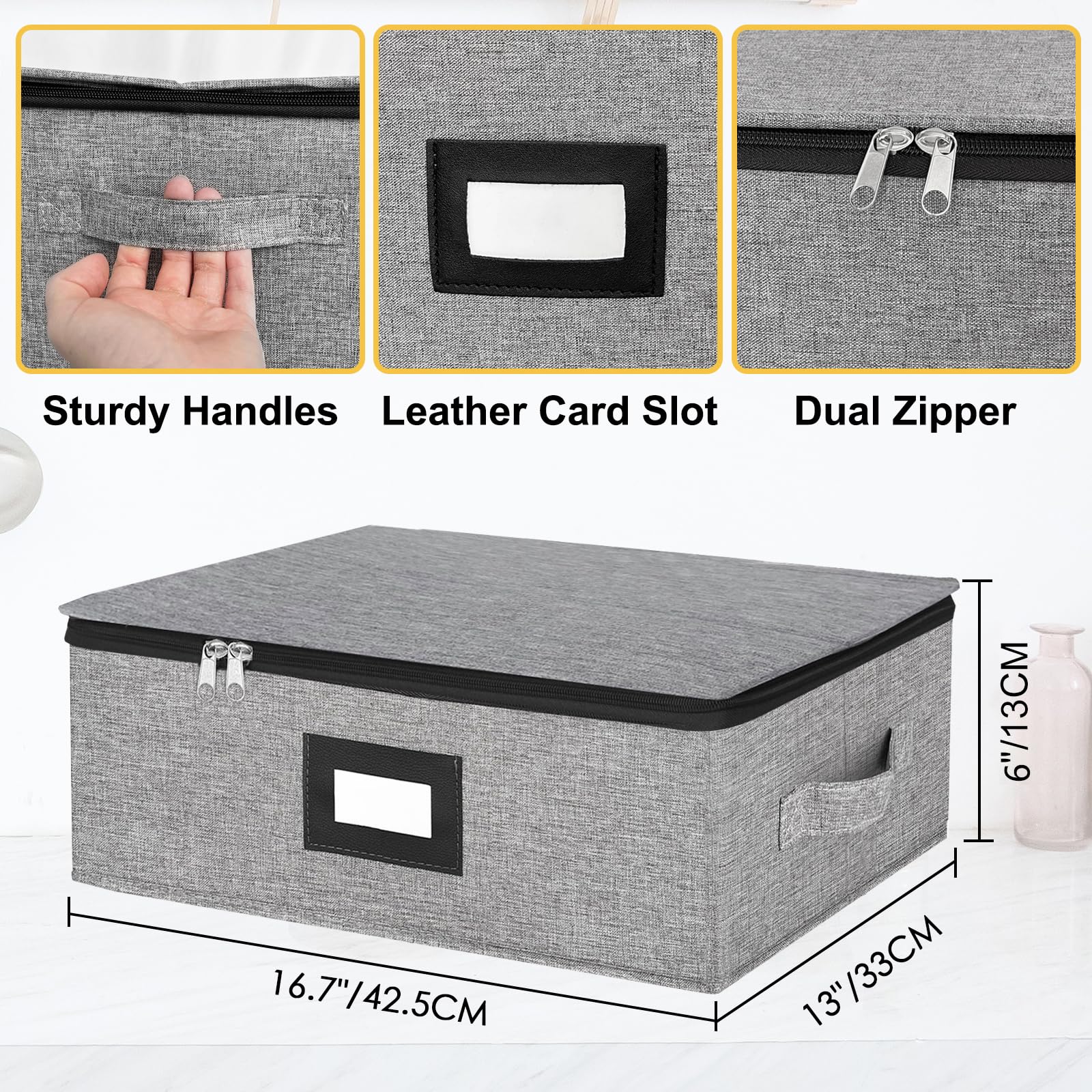 homyfort China Storage Containers - Stemware Storage Box,Cups, Tea Mugs Sets Storage Box with Lid and Handles Hard Shell and Stackable(Grey)