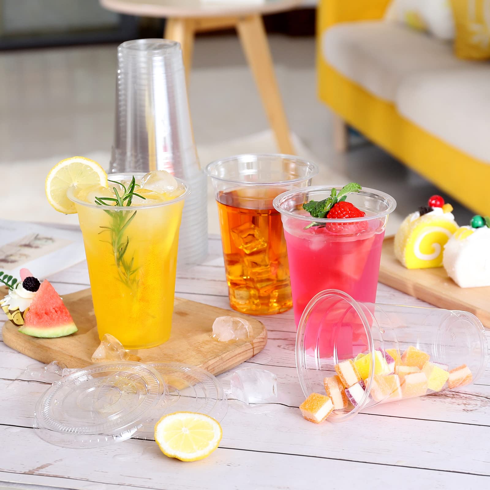 TashiBox Plastic Cups with Flat Lids 100 Sets 16 oz , Clear Crystal drink cups with lids
