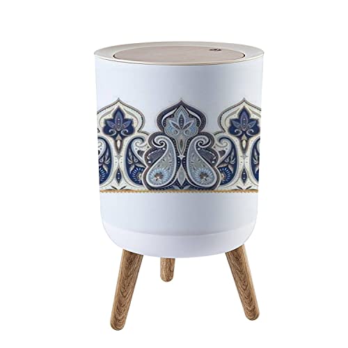 Trash Can with Lid Indian Paisley Seamless Border Medallion Floral Motif Vintage Flower Wood Small Garbage Bin Waste Bin for Kitchen Bathroom Bedroom Press Cover Wastebasket 7L/1.8 Gallon