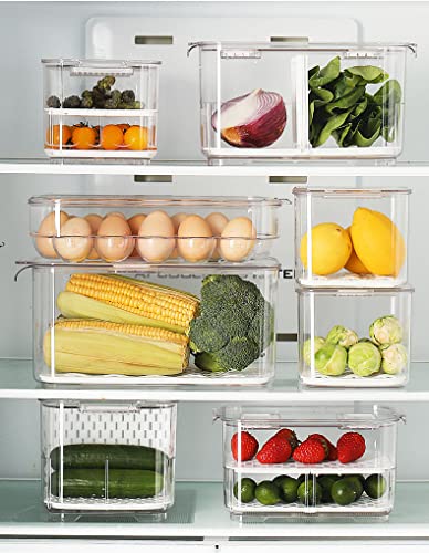 SANNO Produce Saver Storage Containers, Vegetable Fruit Storage Large Containers Bins, Refrigerator Fridge Stackable Bins Fresh Keeper with Lids and Vents,Stackable Salad Lettuce Keeper,2 Pack